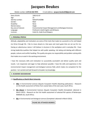 J Beukes CV | PDF