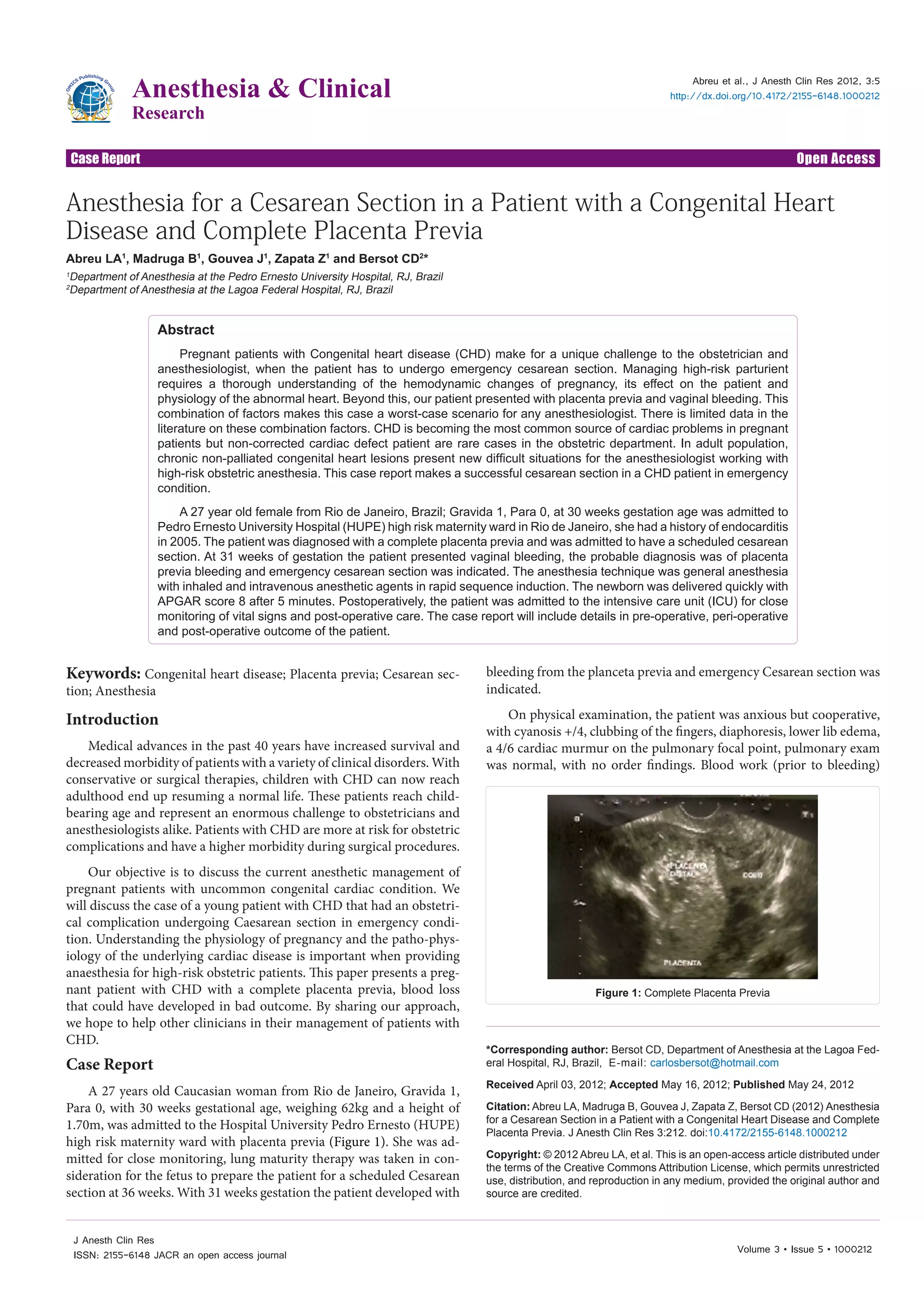 Anesthesia for Cesarean Section with CHD | PDF