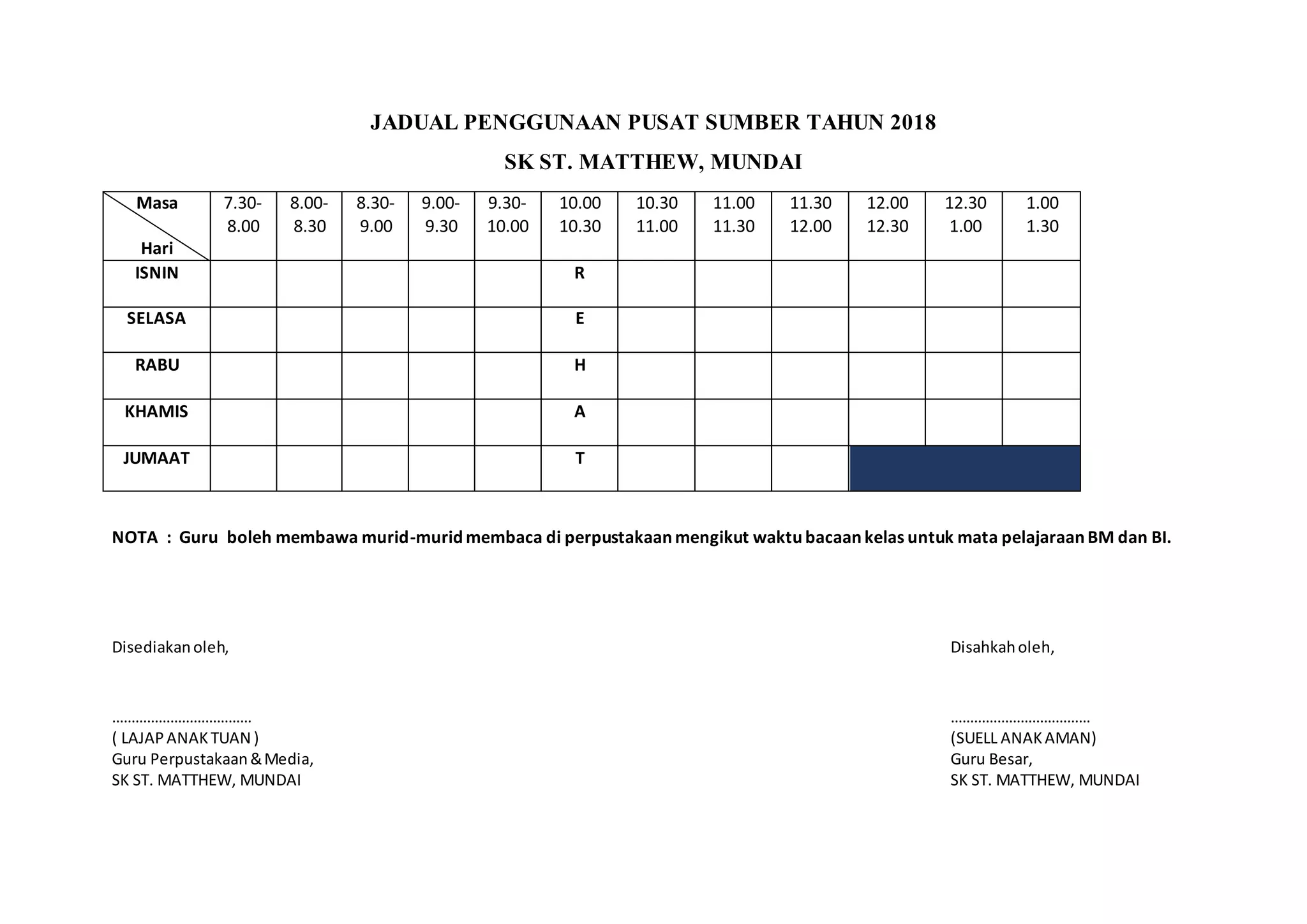 Jadual penggunaan pusat sumber sekolah | DOCX