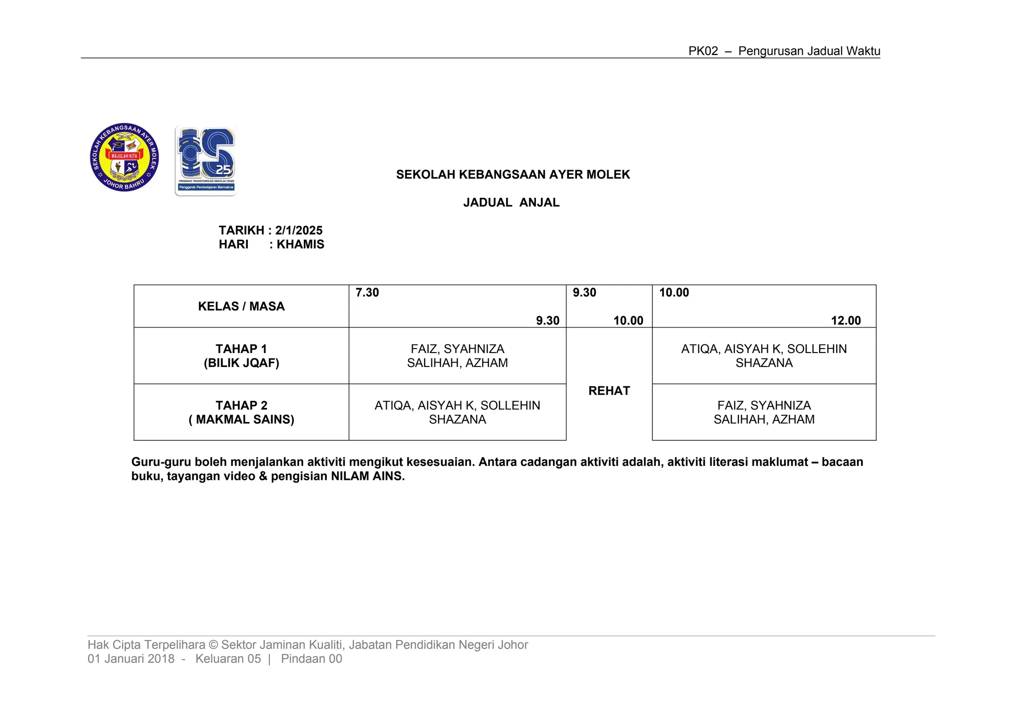 Contoh Jadual Anjal yang digunakan oleh. | DOC