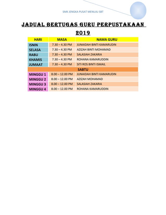 Jadual bertugas guru perpustakaan 2016 | PDF