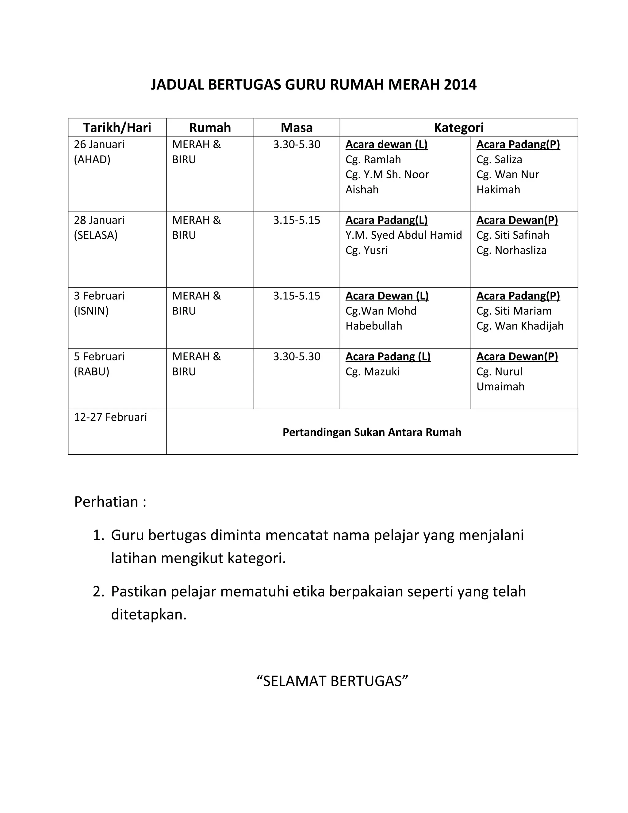 Jadual bertugas rumah merah | DOC