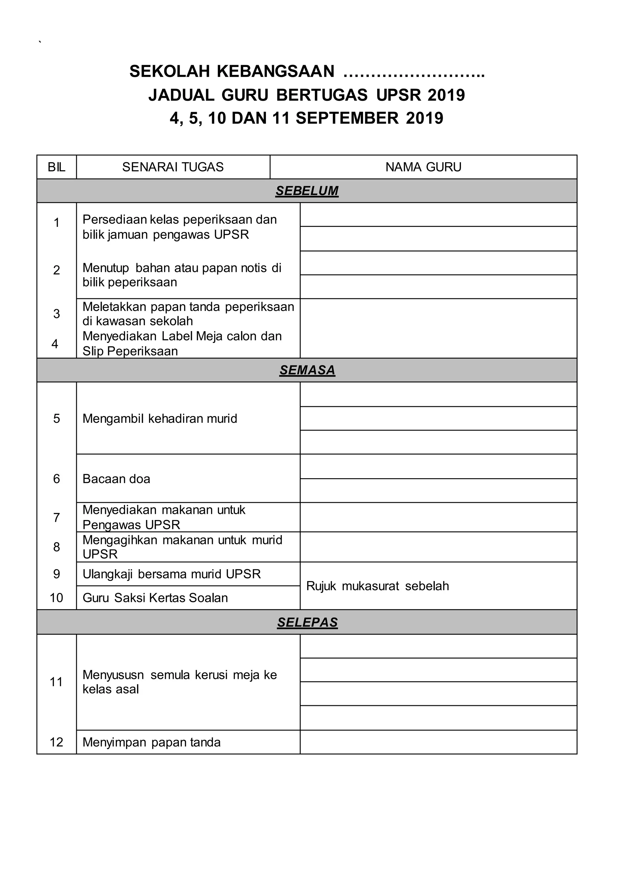 Jadual bertugas upsr | PDF