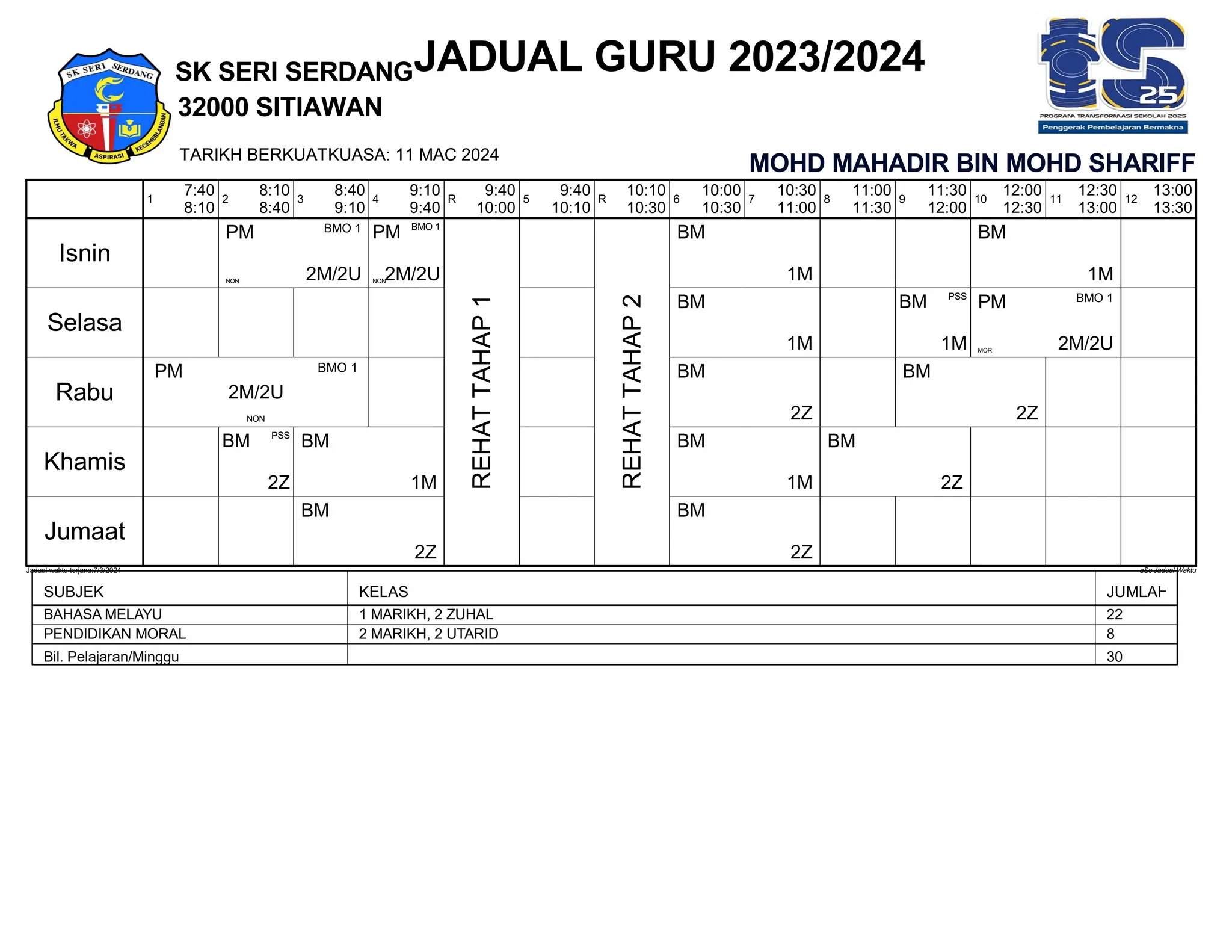CONTOH JADUAL PERIBADI GURU SEKOLAH RENDAH 1 SESI | PDF