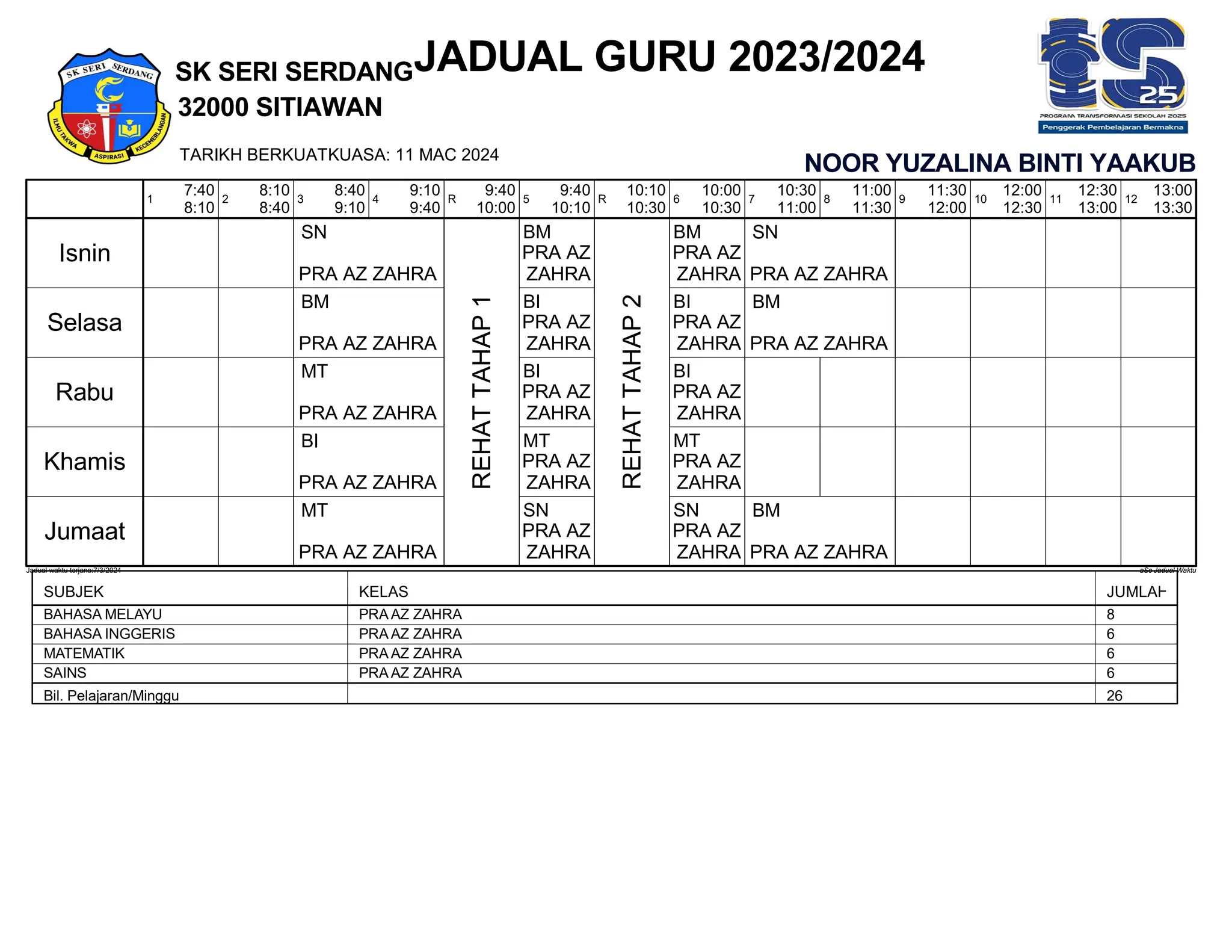 CONTOH JADUAL PERIBADI GURU SEKOLAH RENDAH 1 SESI | PDF