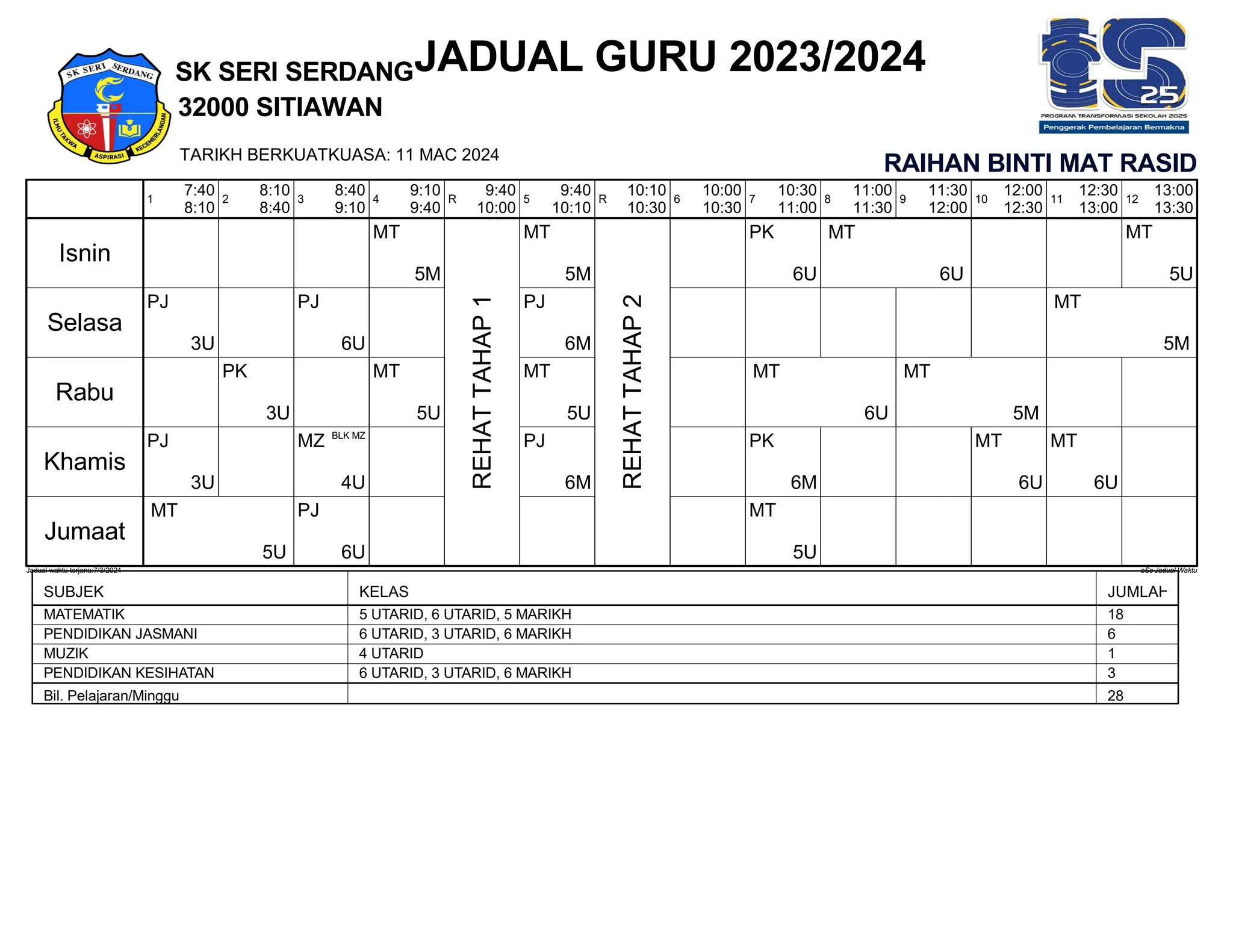 CONTOH JADUAL PERIBADI GURU SEKOLAH RENDAH 1 SESI | PDF