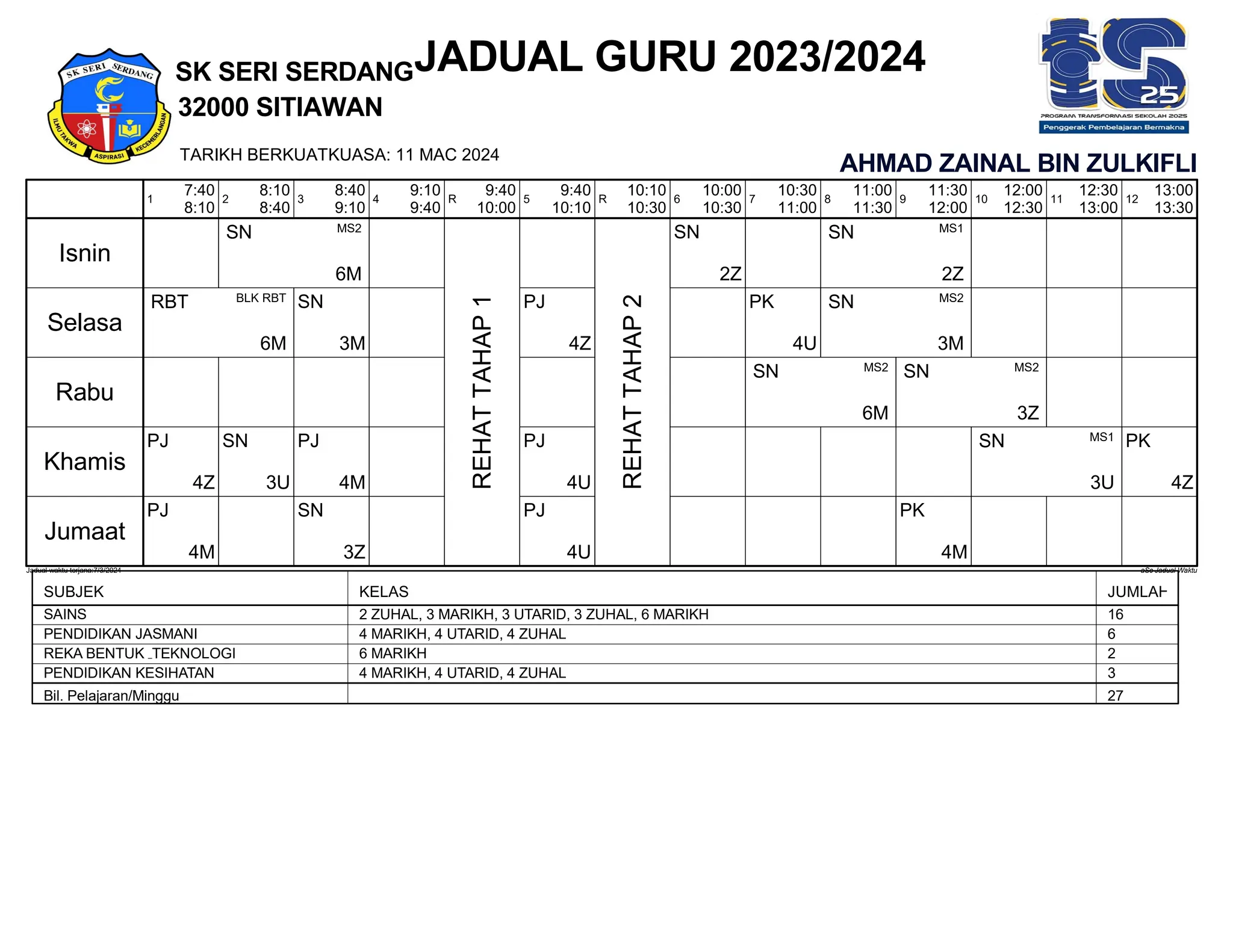 CONTOH JADUAL PERIBADI GURU SEKOLAH RENDAH 1 SESI | PDF