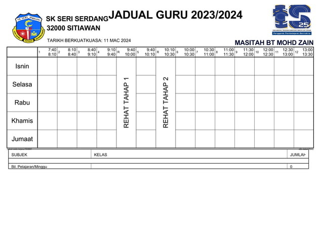 CONTOH JADUAL PERIBADI GURU SEKOLAH RENDAH 1 SESI | PDF