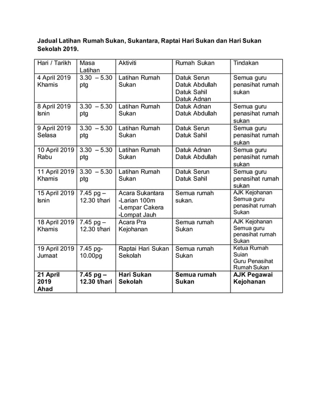 Jadual Latihan Rumah Sukan | DOCX