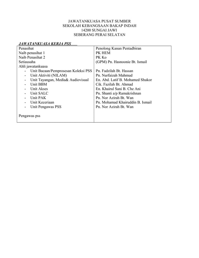 Jadual organisasi pss | PDF