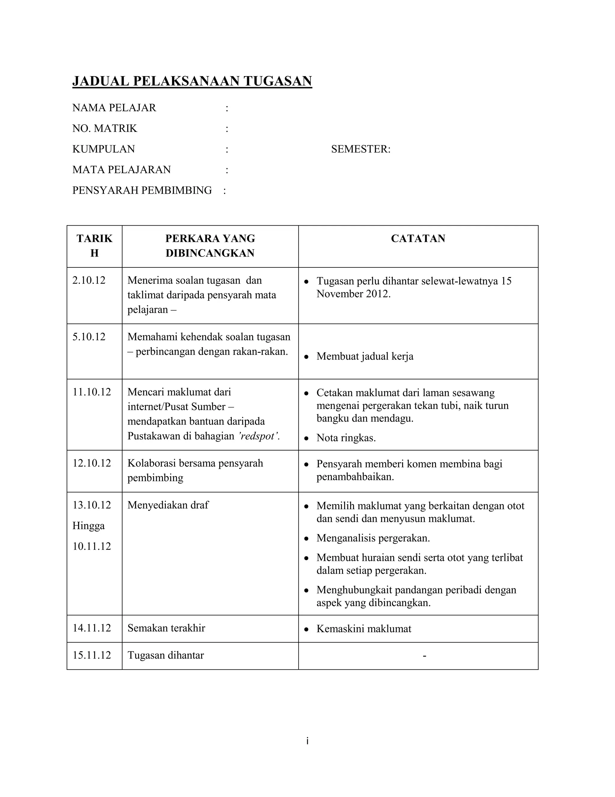 Jadual pelaksanaan tugasan | DOCX