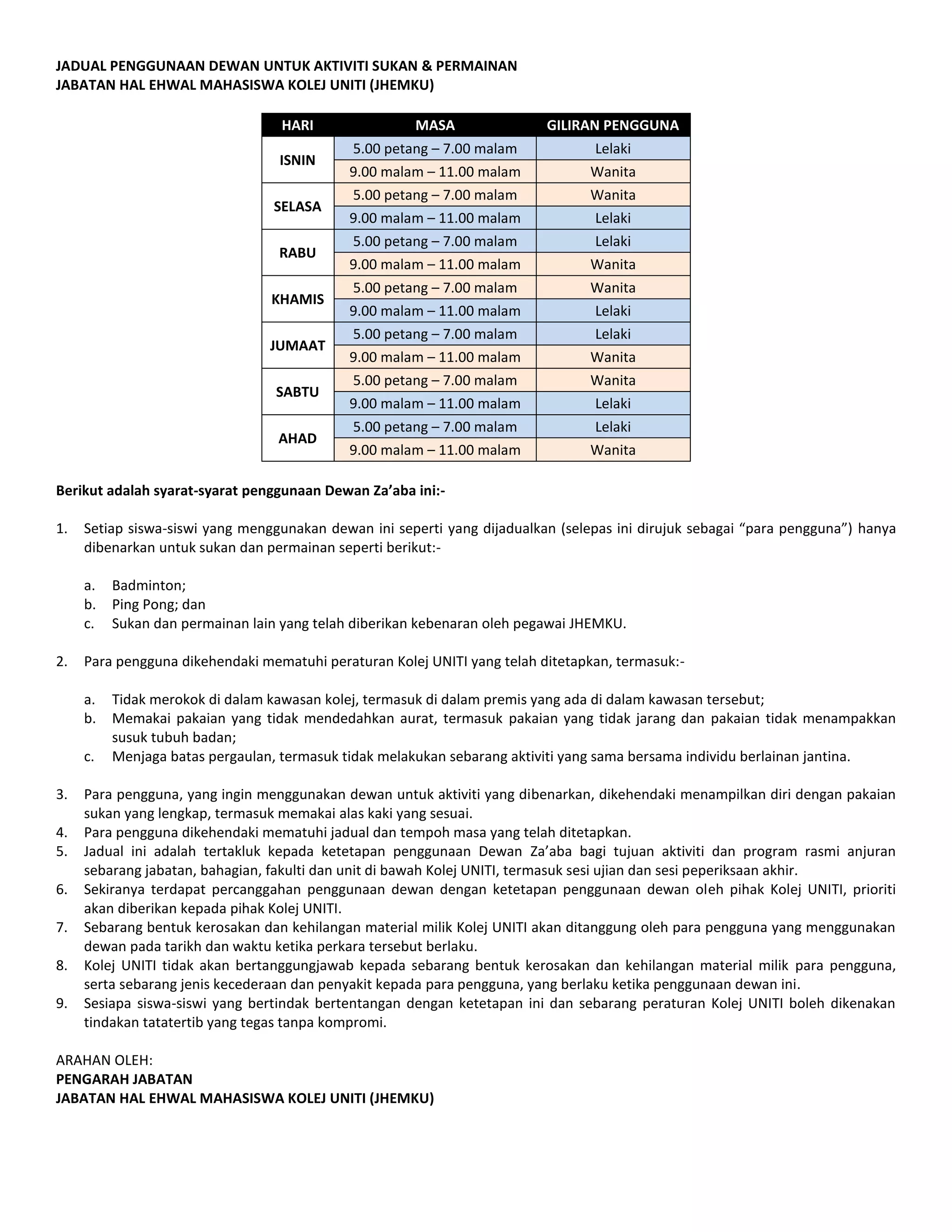 Jadual Penggunaan Dewan Untuk Aktiviti Sukan Permainan Pdf