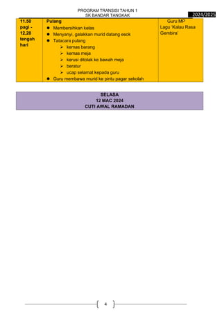 Jadual Transisi Tahun 1 SK Bandar Tangkak 2024/2025 | PDF