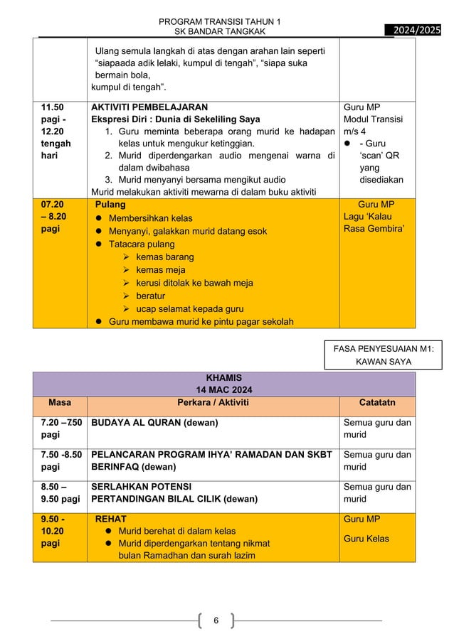 Jadual Transisi Tahun 1 SK Bandar Tangkak 2024/2025 | PDF