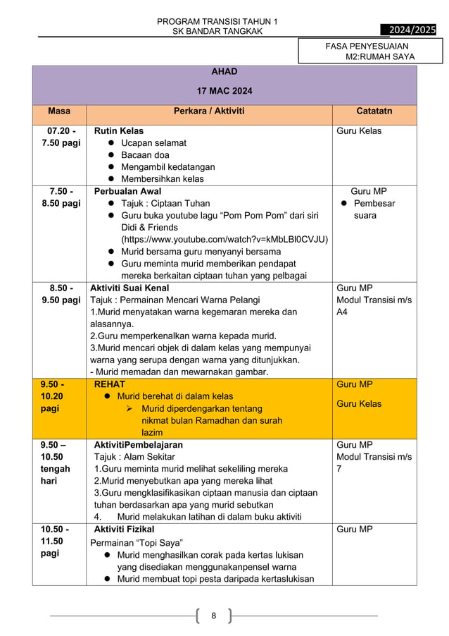 Jadual Transisi Tahun 1 SK Bandar Tangkak 2024/2025 | PDF