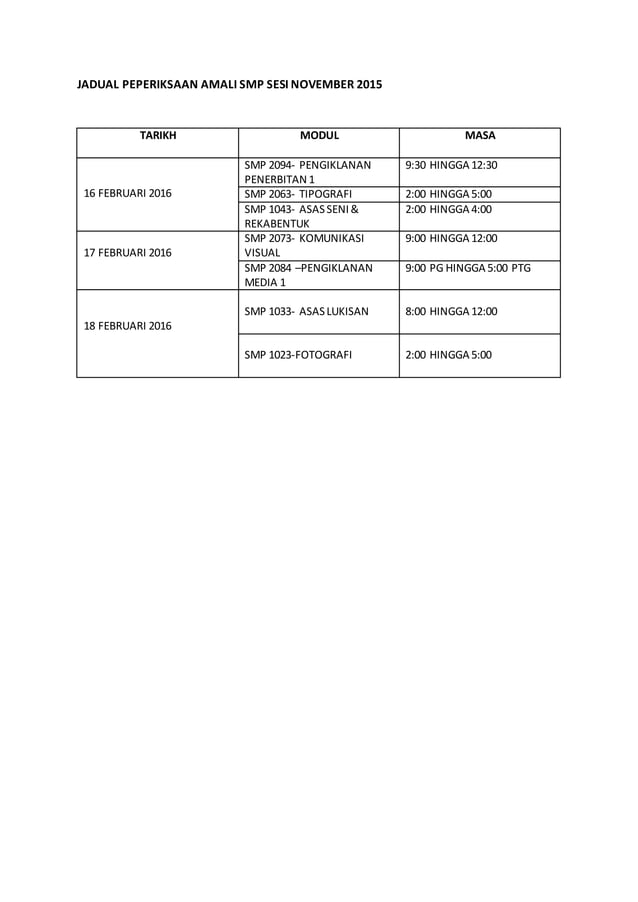 Jadual peperiksaan amali smp sesi november 2015 | DOCX