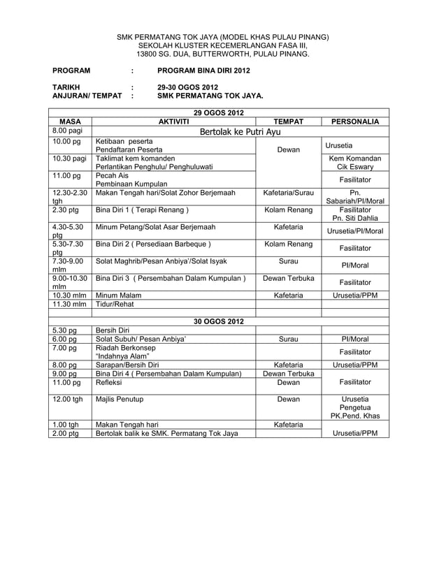 Jadual program bina diri | DOCX