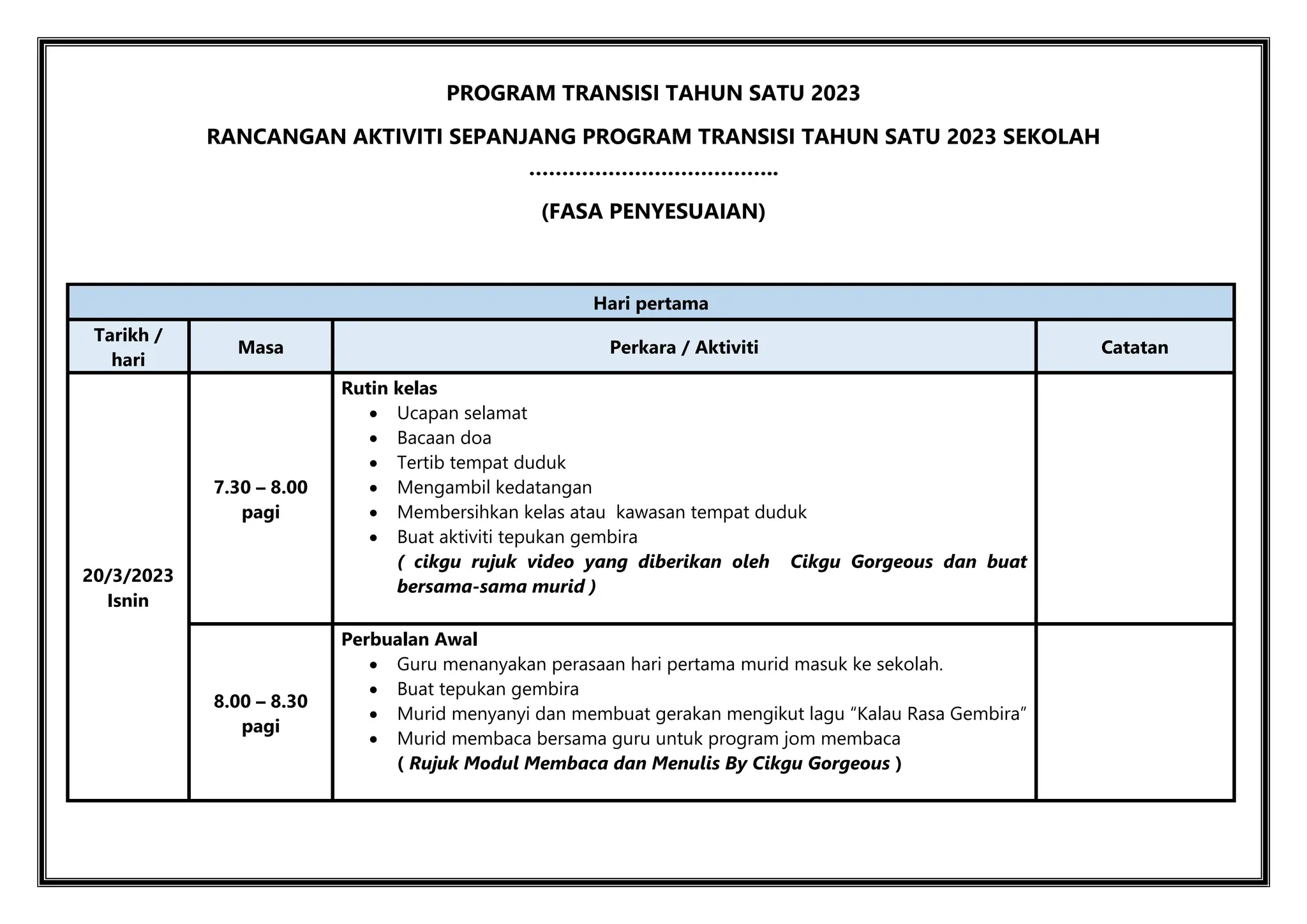 JADUAL PROGRAM TRANSISI TAHUN SATU 2023 BY CIKGU GORGEOUS.docx