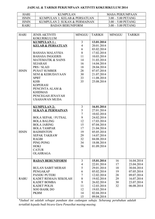 Jadual & tarikh perjumpaan 2014 | DOC
