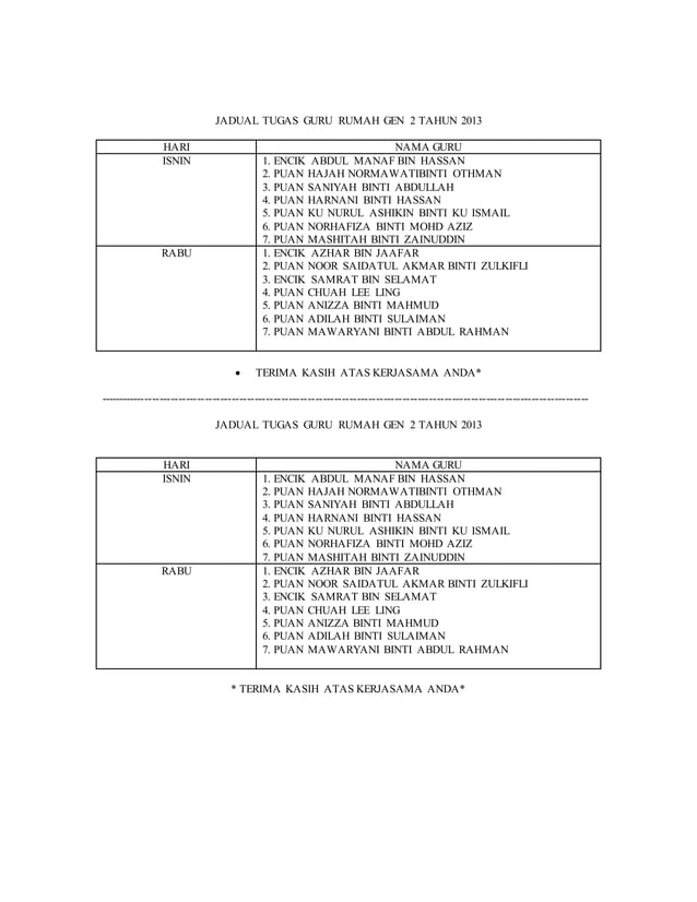Jadual tugas guru rumah gen 2 tahun 2013 | DOC