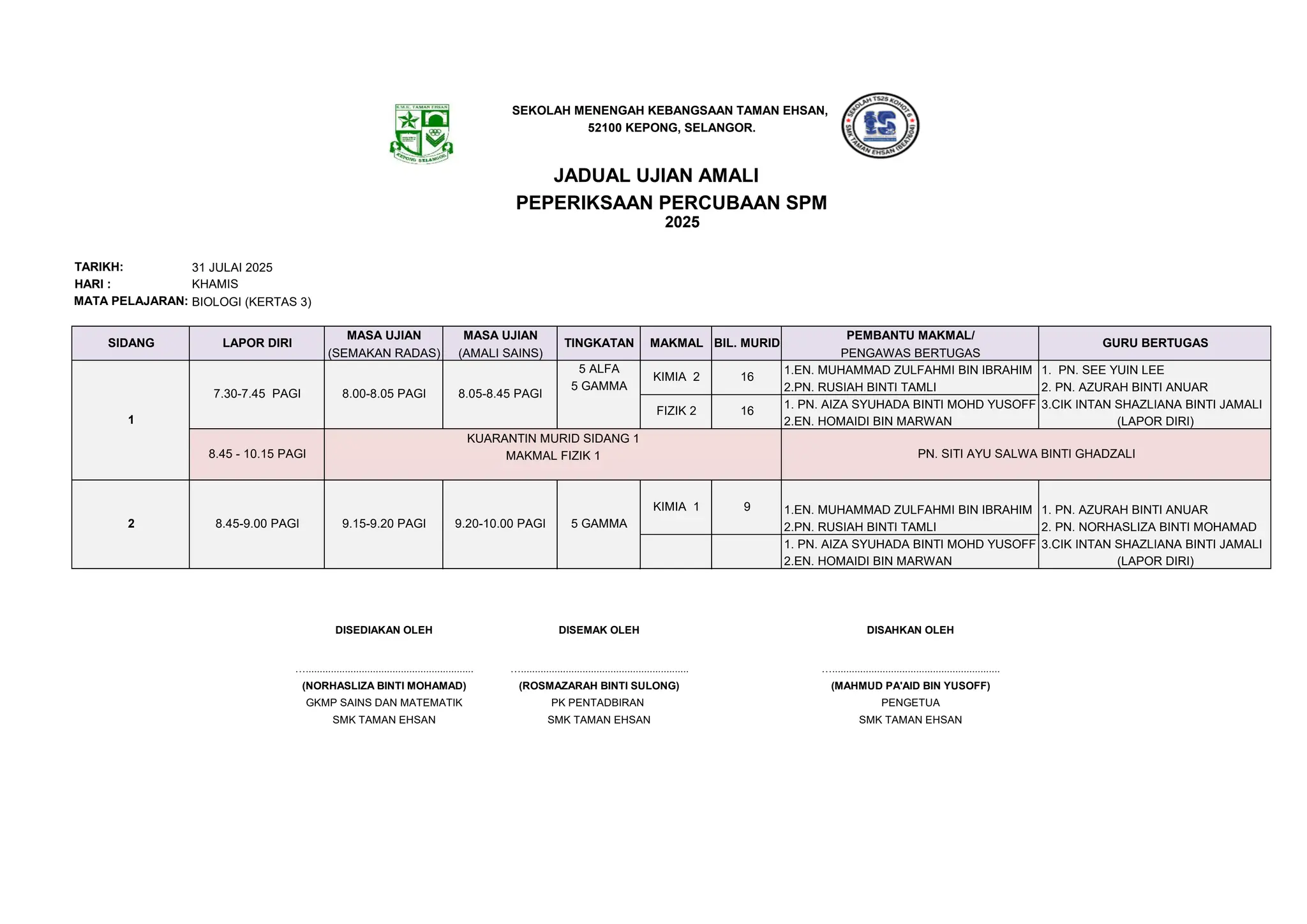 JADUAL UIJAN AMALI SPMC.pdf SPM 2025 SMKTE | PDF