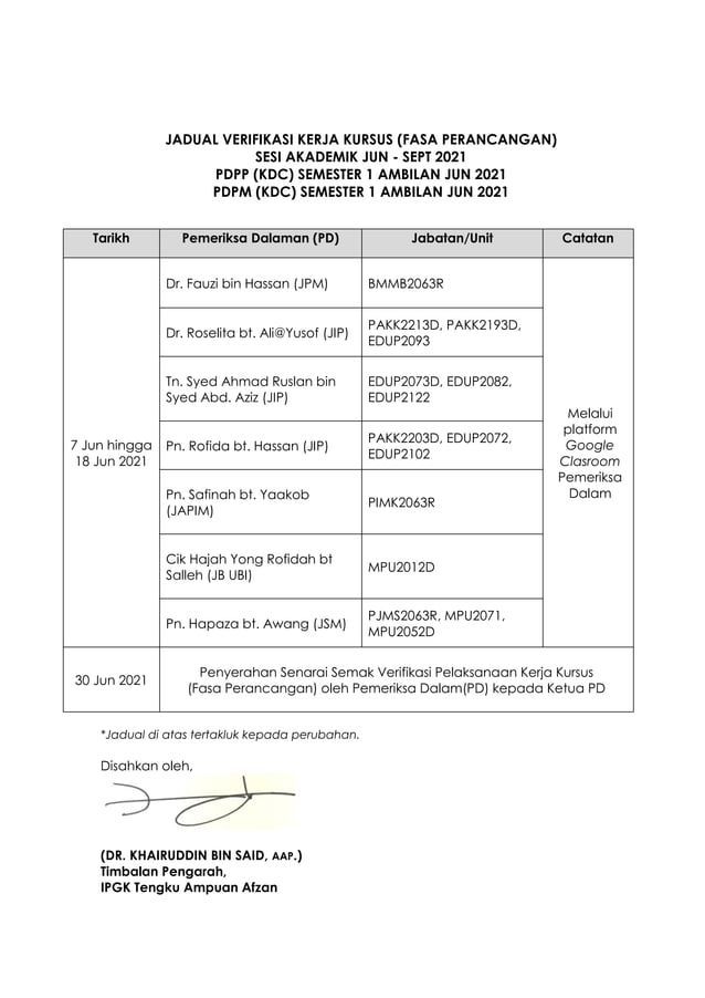 Jadual verifikasi kerja kursus pdpm pdpp | PDF