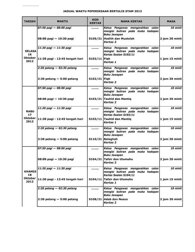Jadual waktu stam 2012 | PDF