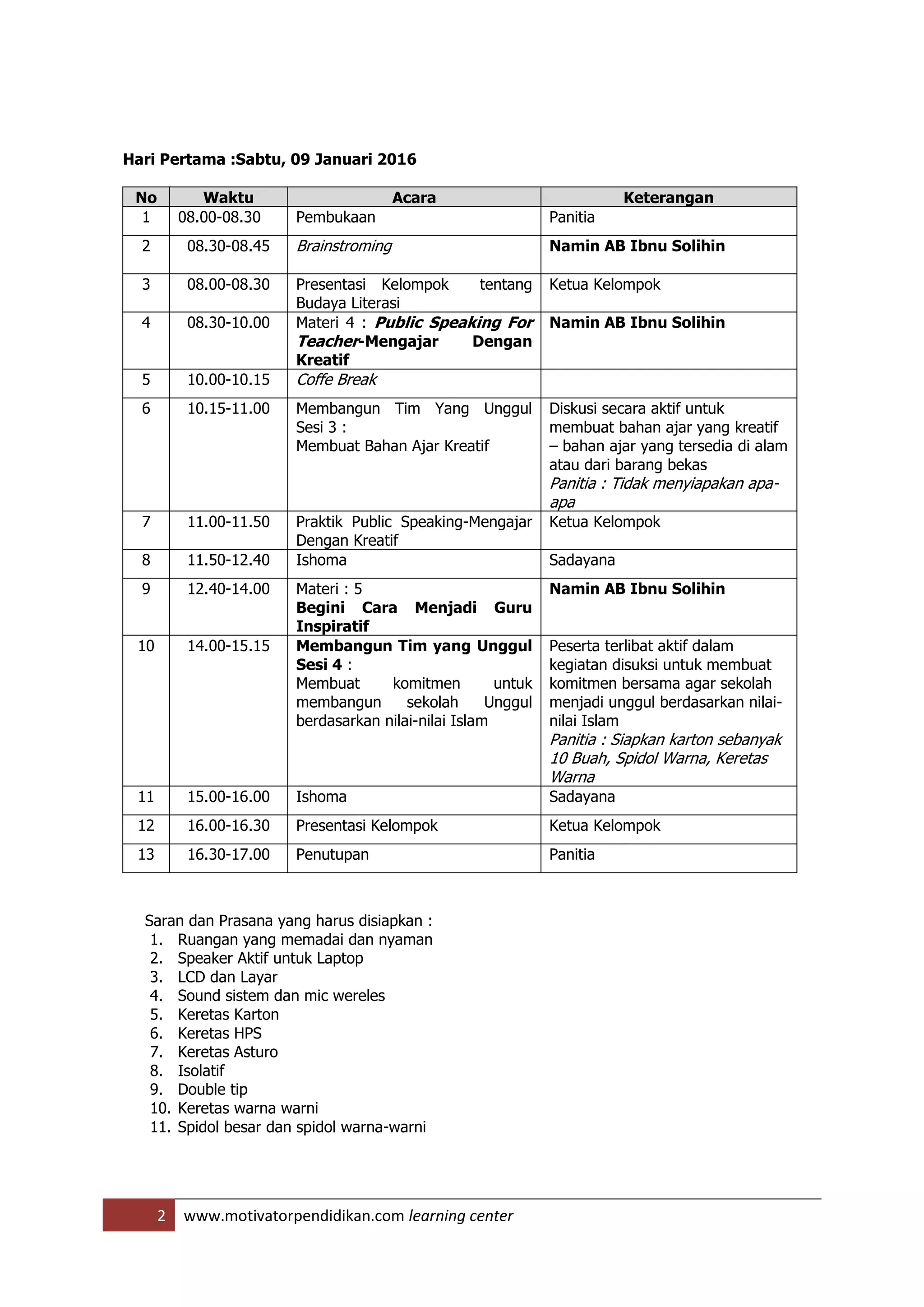 Contoh Jadwal Acara Training Guru Inspiratif Untuk 2 Hari tahun 2016 | PDF