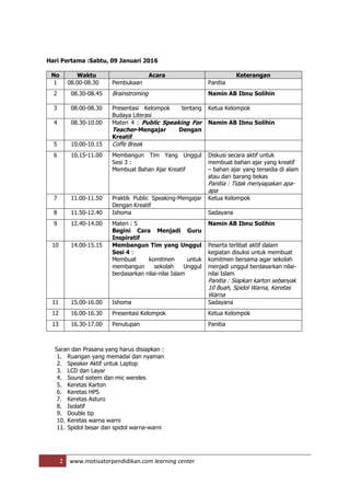 Contoh Jadwal Acara Training Guru Inspiratif Untuk 2 Hari tahun 2016 | PDF