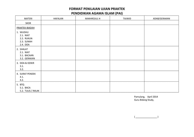 Jadwal dan format penilaian ujian praktek sd | PDF | Islam | Religion & Spirituality