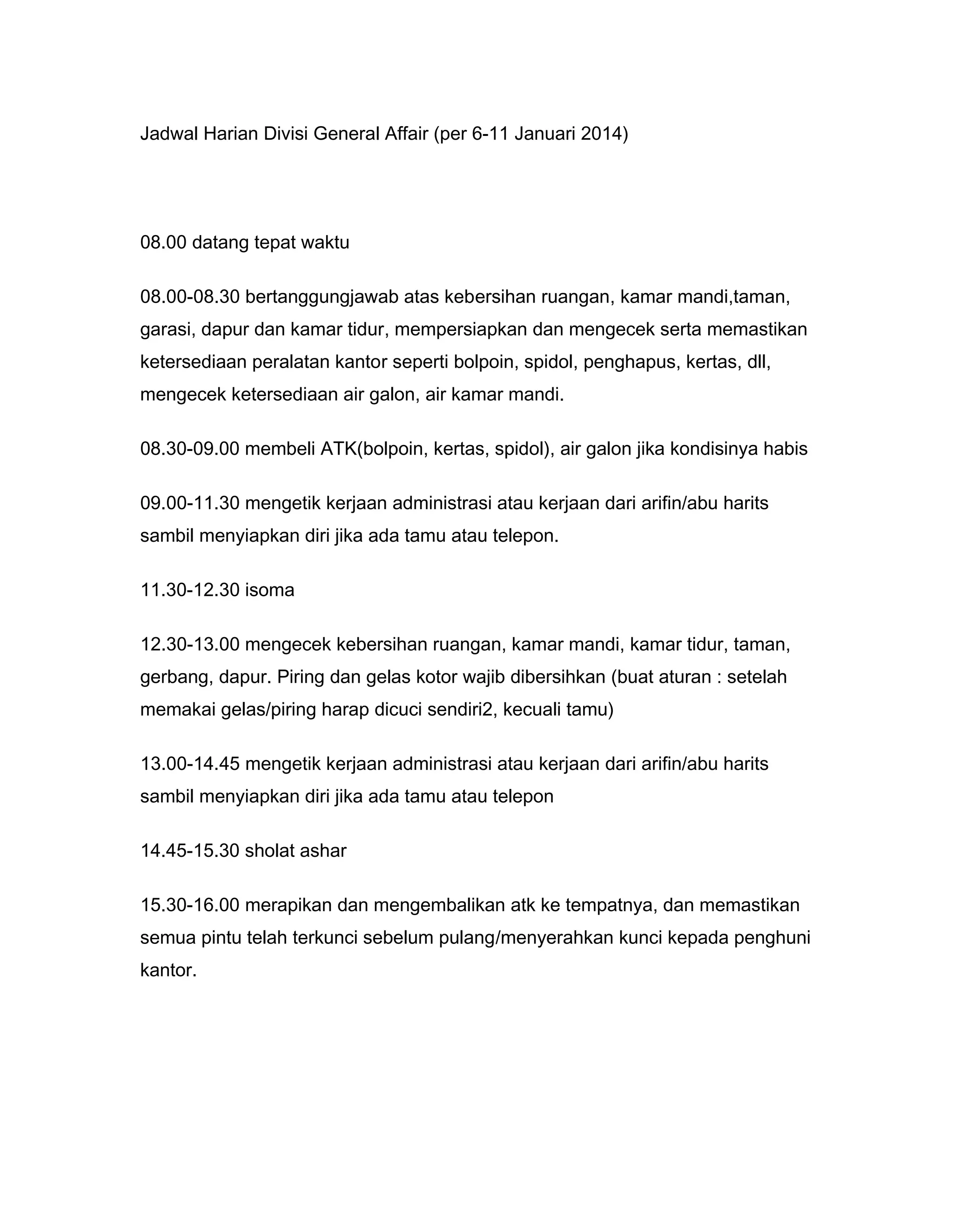 Jadwal harian divisi general affair | PDF