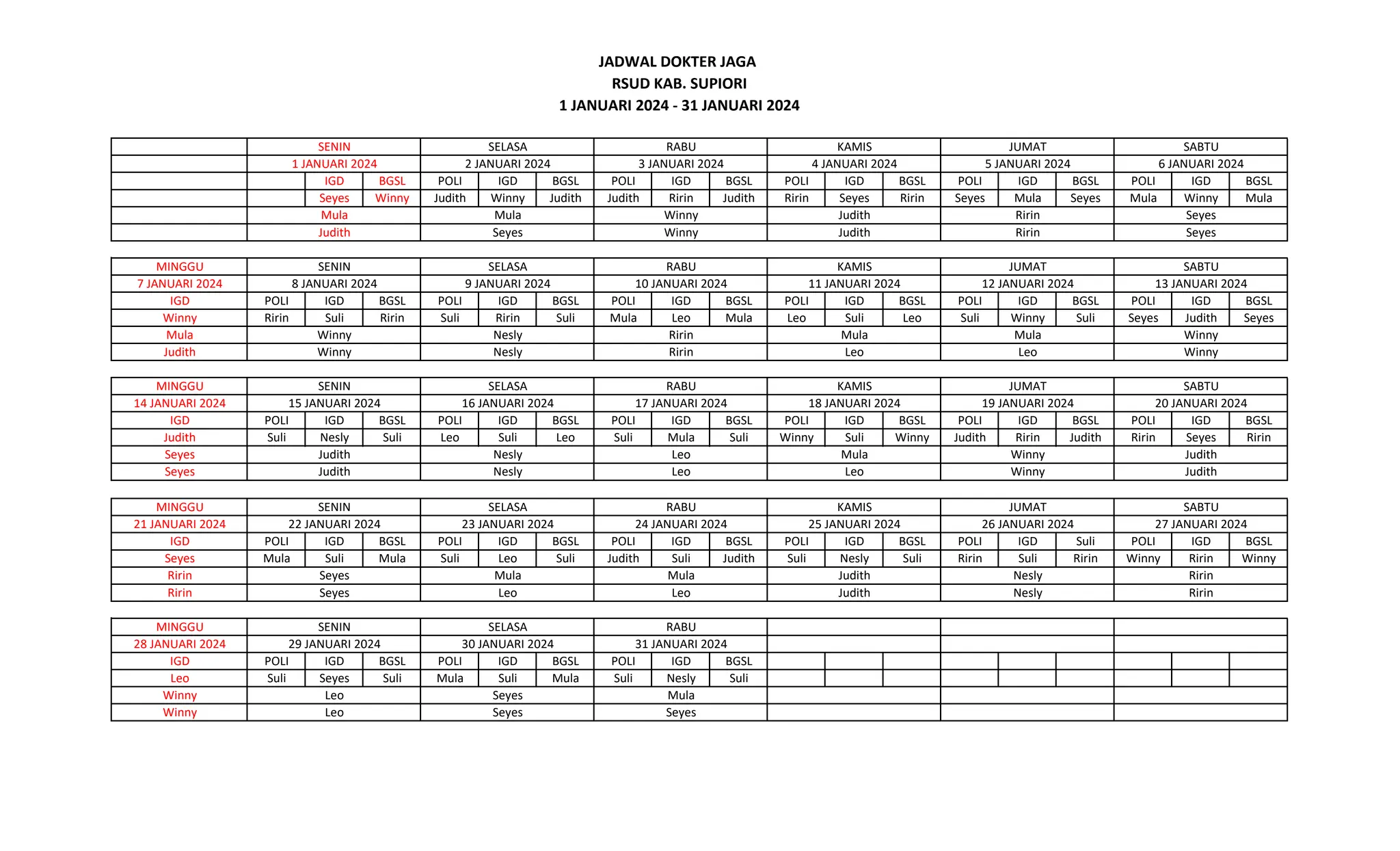 JADWAL JAGA 2024.1.pdf dokter di lingkungan RSUD Supiori | PDF