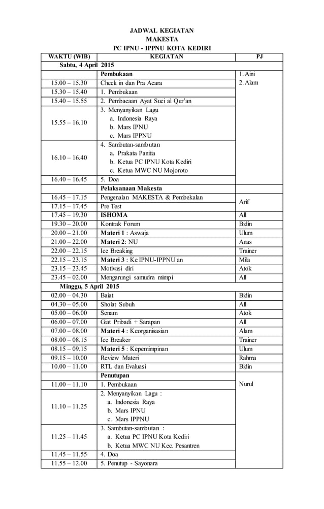 Jadwal kegiatan | DOCX