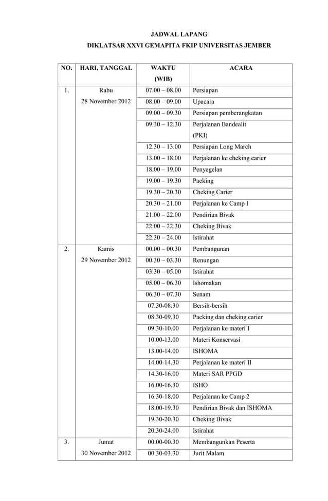 Jadwal kegiatan diklat lapang | PDF