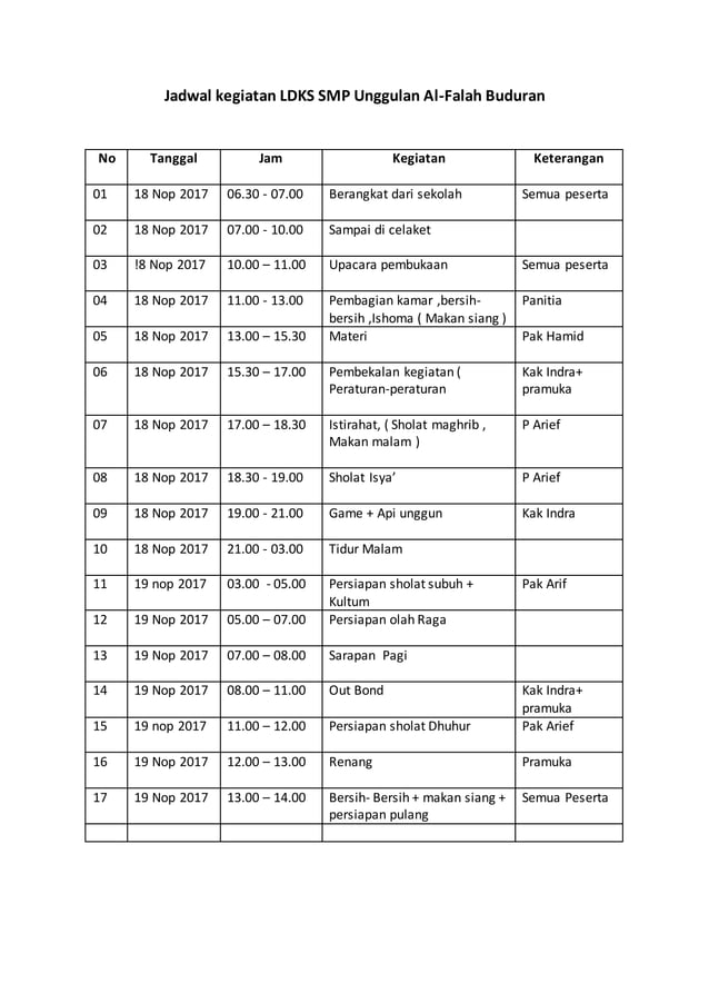 Jadwal kegiatan ldks | DOCX