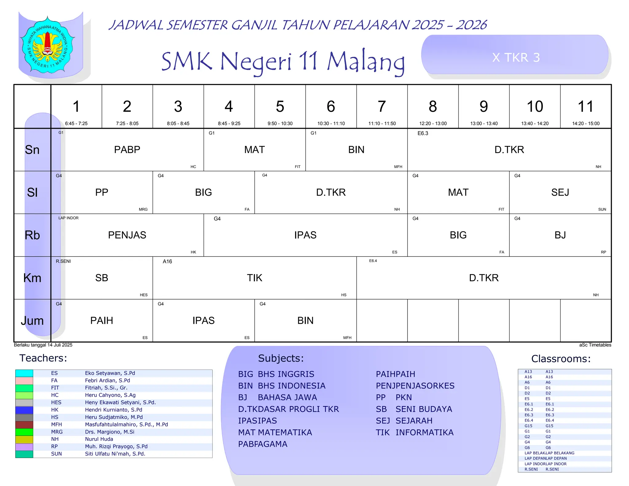 JADWAL KELAS SMSTR ganjil 2526 Juli.pdfvsvsvacagajs | PDF