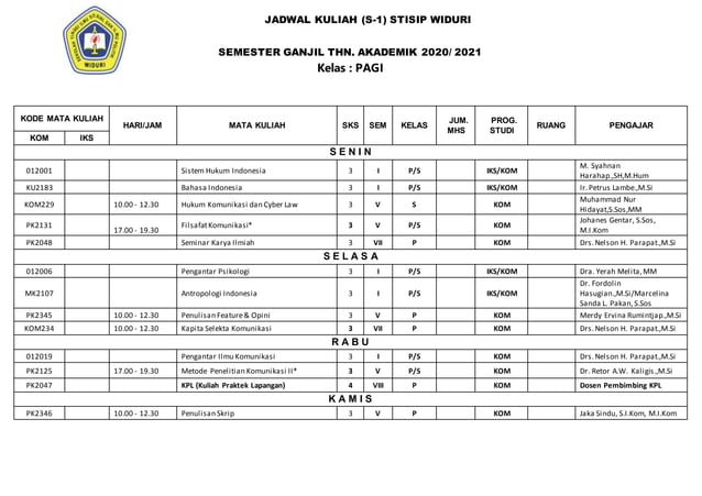 JADWAL KULIAH (S-1) STISIP WIDURI | PPT