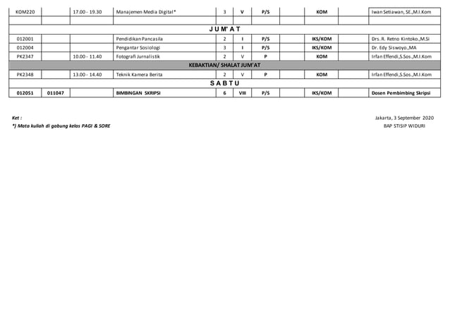 JADWAL KULIAH (S-1) STISIP WIDURI | PPT