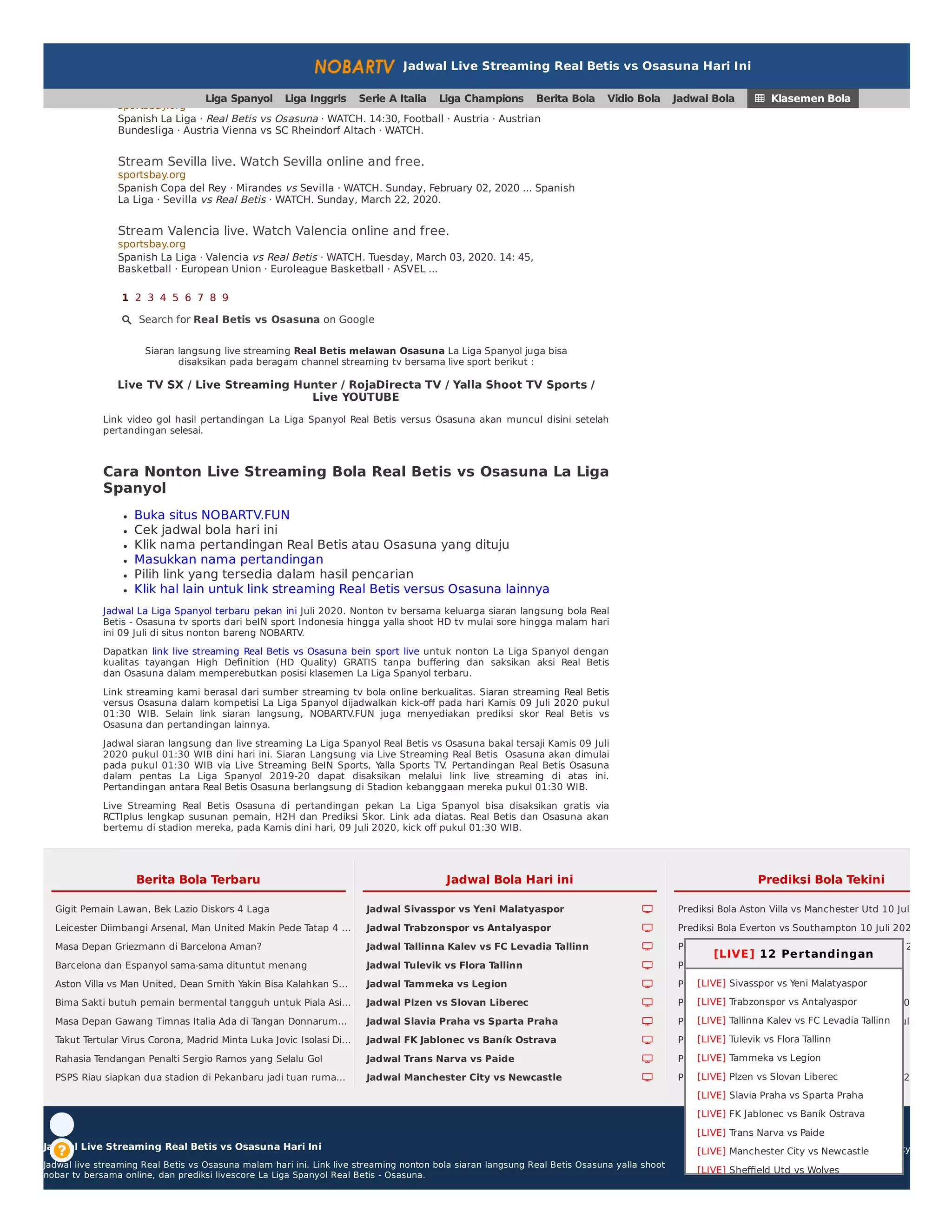 Jadwal live streaming real betis vs osasuna hari ini nobartv.fun