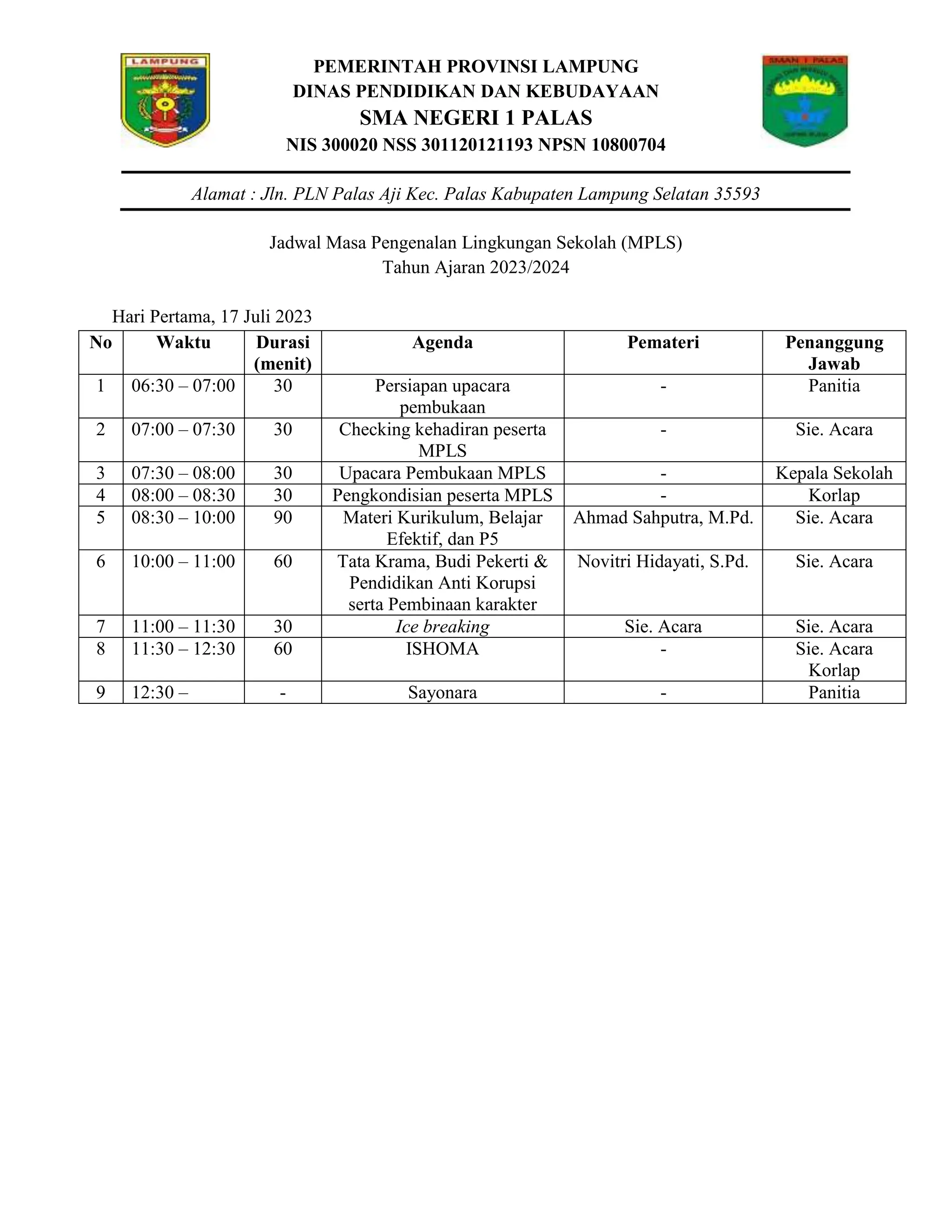 Jadwal kegiatan pelaksanaan MPLS tahun 2023 | PDF