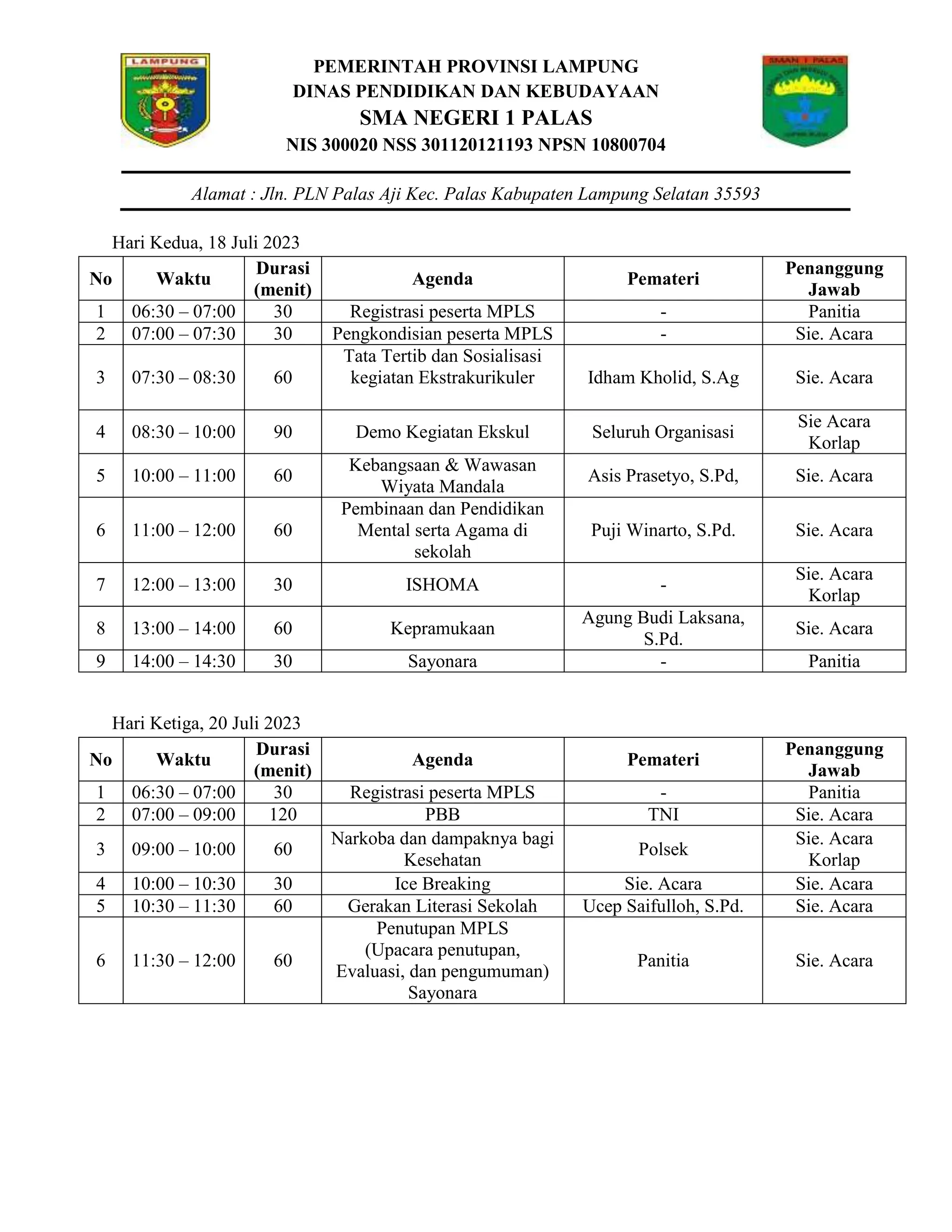 Jadwal kegiatan pelaksanaan MPLS tahun 2023 | PDF