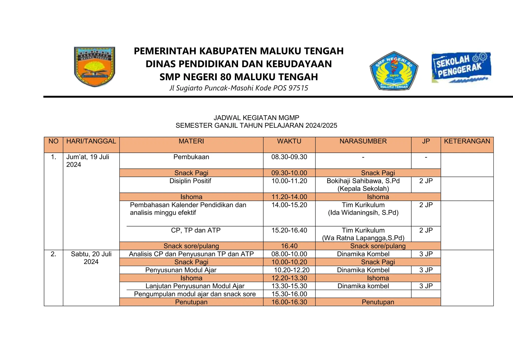 Jadwal Musyawarah Guru Mata Pelajaran Semester Ganjil 2024 2025 Docx