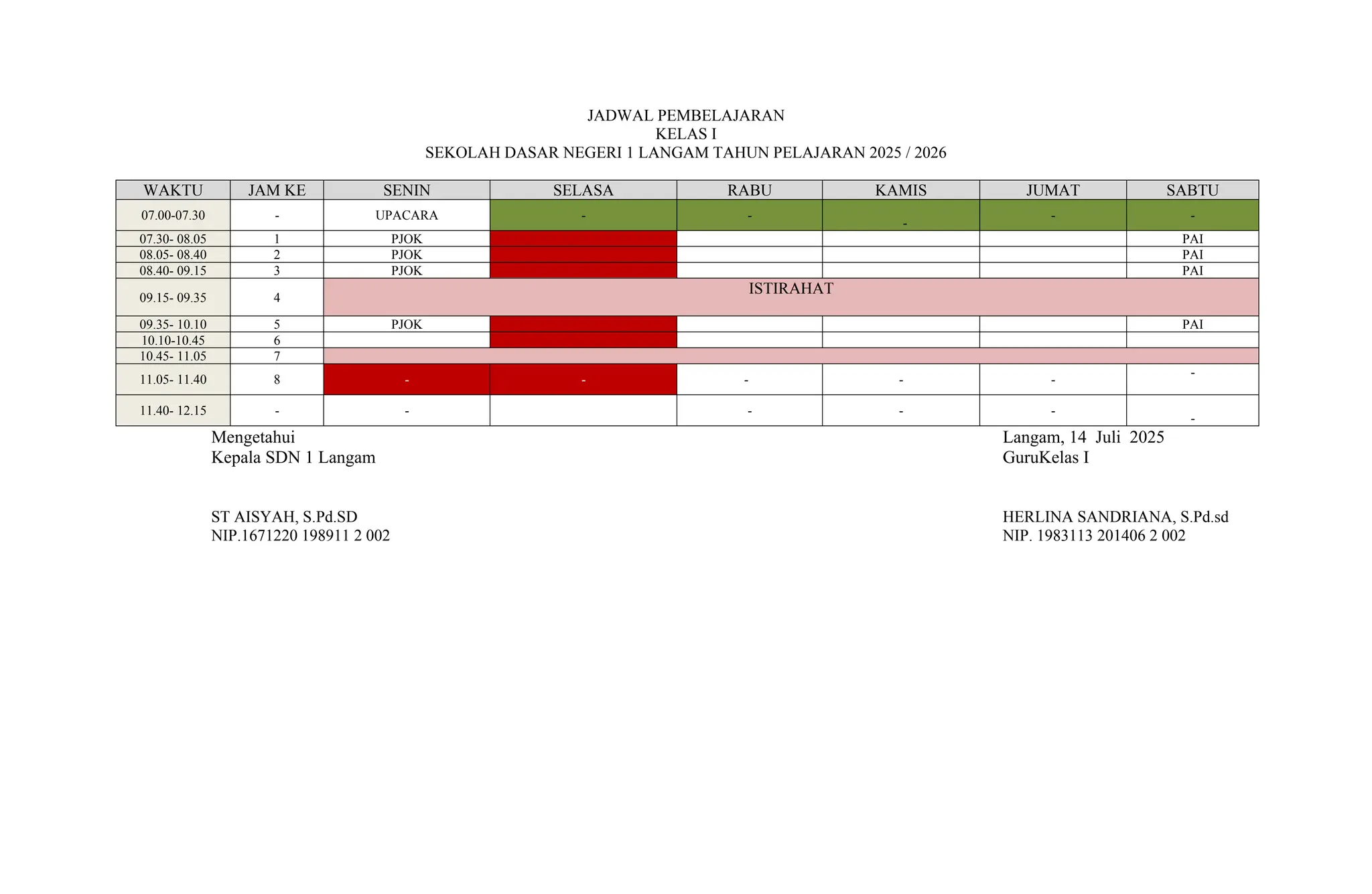 Jadwal pelajaran kelas 5 kurikulum merdeka | DOCX
