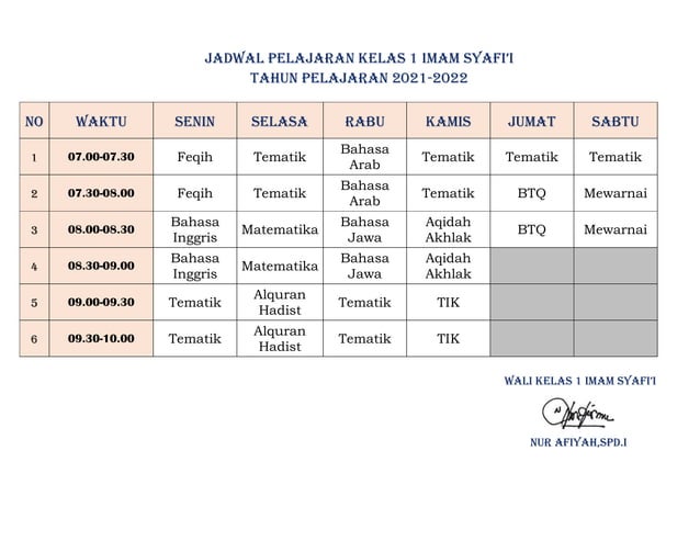 Jadwal pelajaran 1 a | PDF