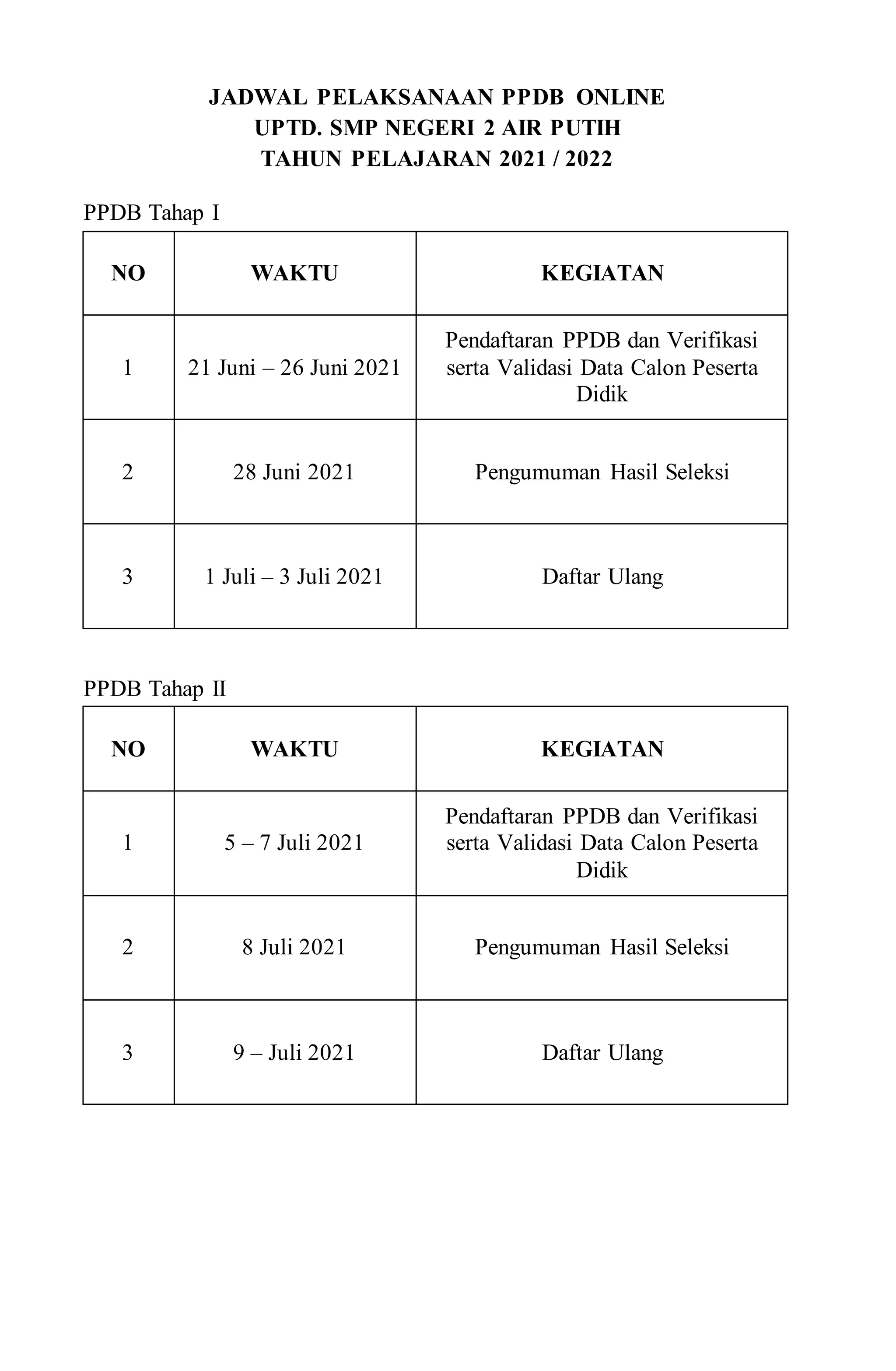 Jadwal pelaksanaan ppdb online | DOCX