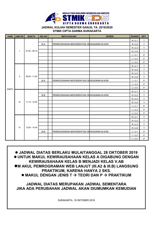 Jadwal Semester Ganjil 2019/2020 STMIK Cipta Darma Surakarta | PDF