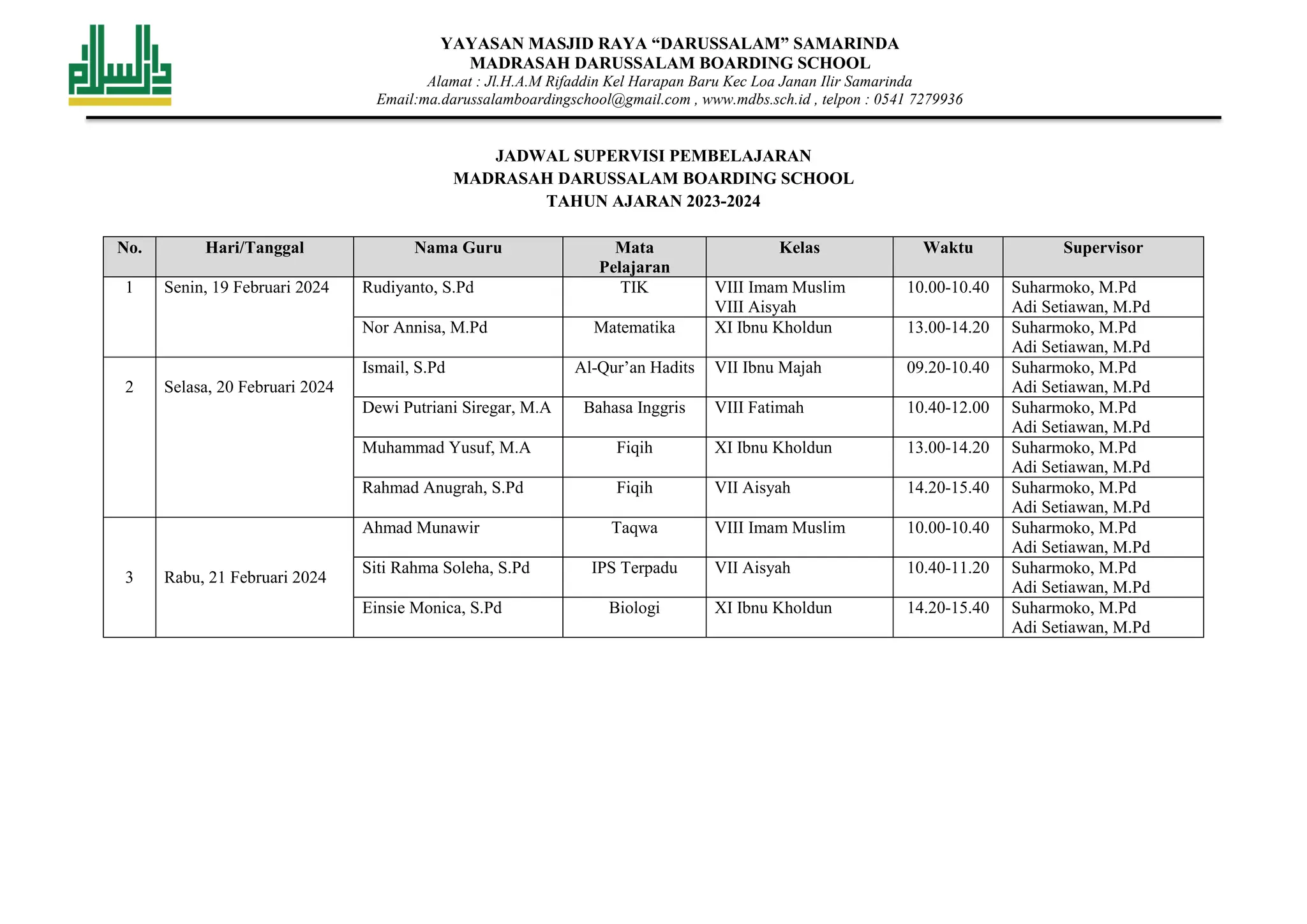Supervision 2023-2024 Madrasah Darussalam IBS Samarinda | PDF