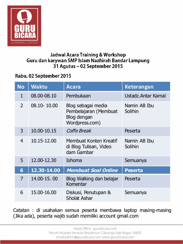 Contoh Jadwal training dan workshop smp islam nazhirah (Program Paket)