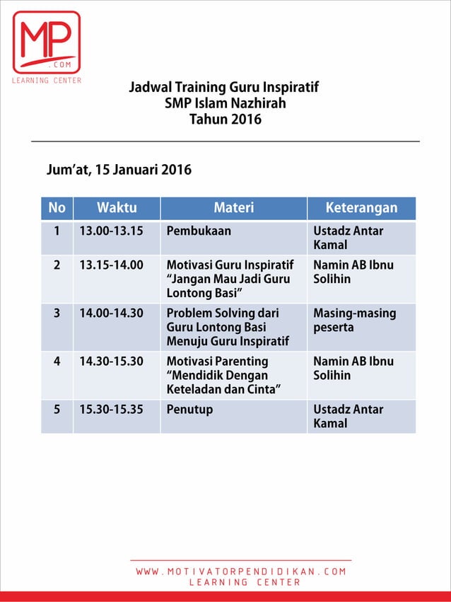 Contoh Jadwal Training Guru Inspiratif 2016 | PDF