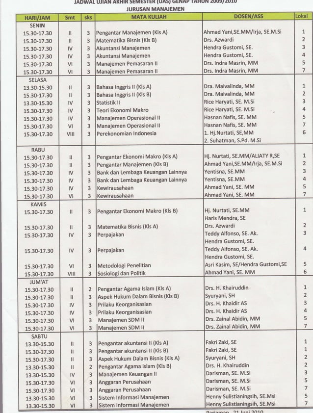 Jadwal uas manajemen | PDF